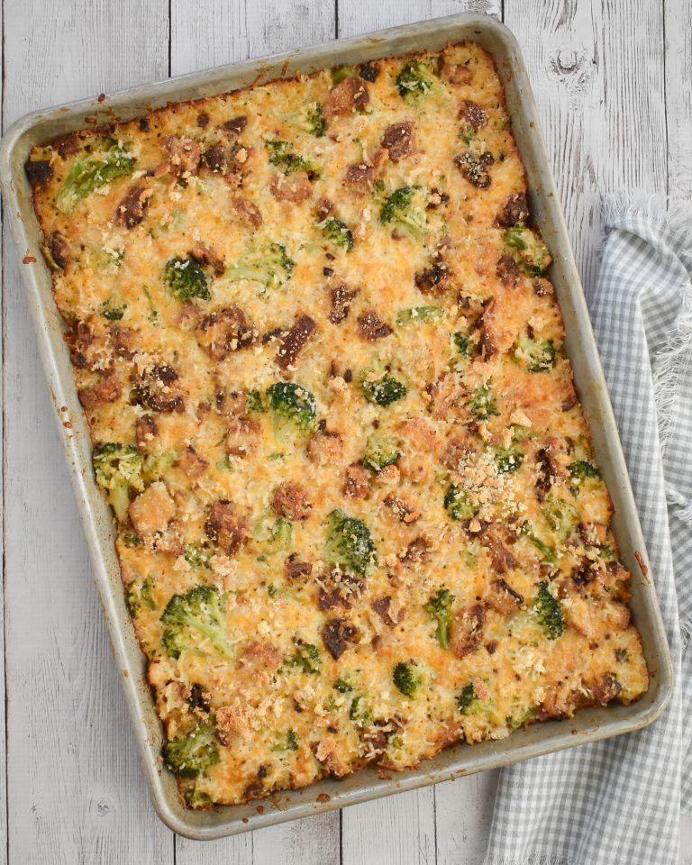 Low-FODMAP Sheet-Pan Broccoli, Cheese & Rice Casserole; Gluten-free, Vegetarian | Dr. Rachel Pauls